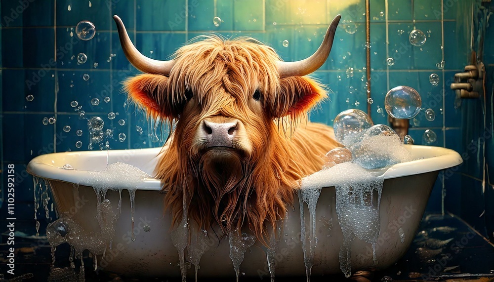 Highland cow in a bathtub, graffiti art style, bubbles, soap suds Stock ...