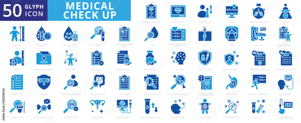 Medical check up icon set of height, weight, endoscopy, heart, dental ...