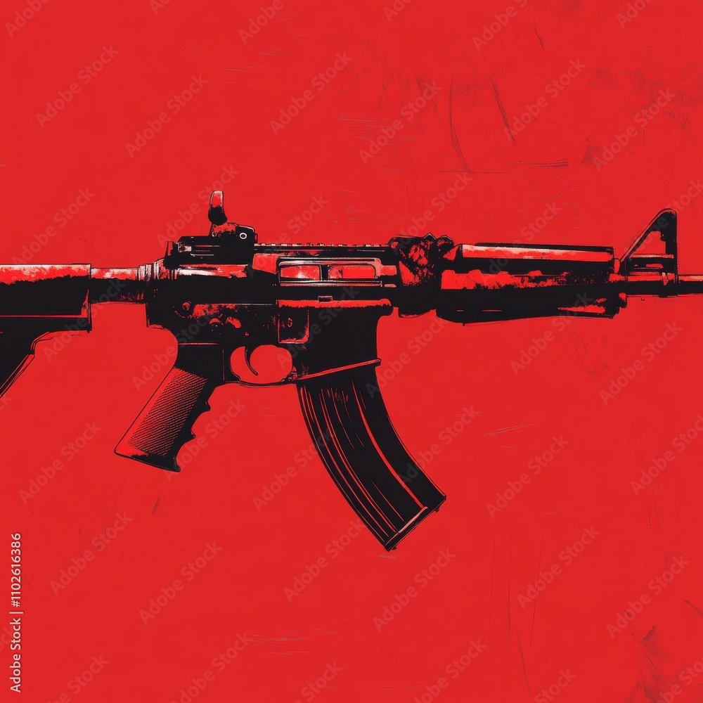 Dramatic Red Background with Stylized Illustration of an Assault Rifle ...