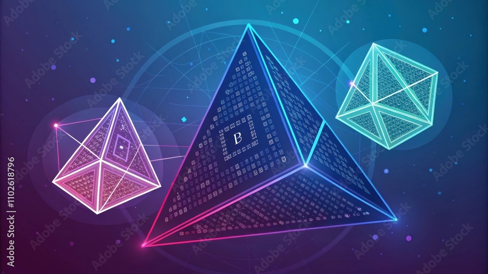 Geometric shapes interwoven with binary code symbolizing the fusion of ...