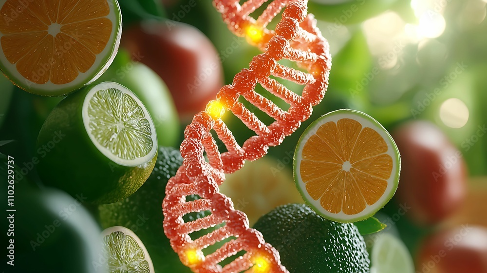 A vibrant fusion of fruits and DNA strands symbolizes the connection ...