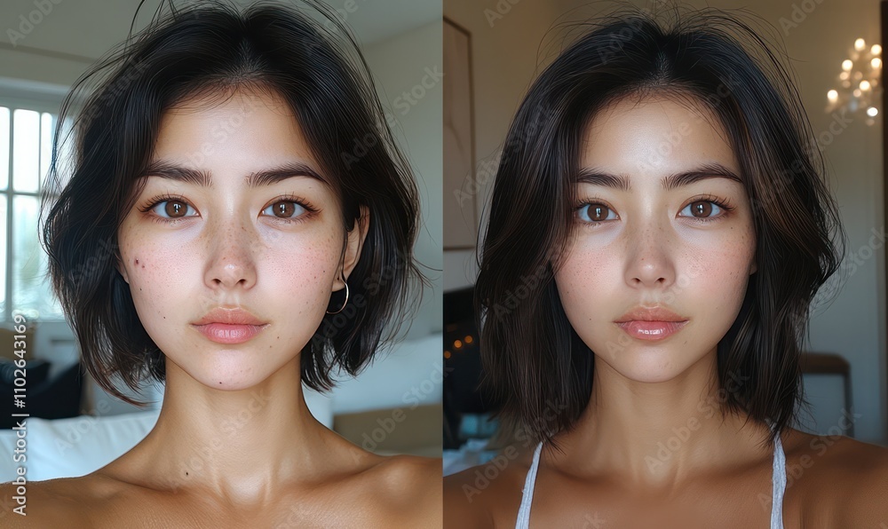 Before and after: Skin with minor acne and clear skin. The same person ...