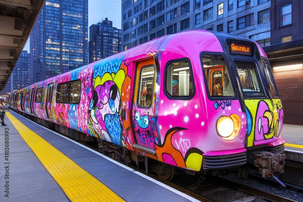 Artist spray-painting graffiti on a train, with bold colors and dynamic ...
