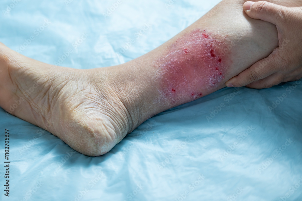 person scratches psoriatic rashes on skin with hand with chronic ...