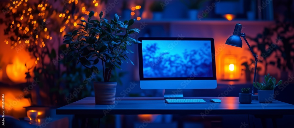 Stylish Neon-Lit Modern Home Office Workspace, Low-light Dim Room Scene ...