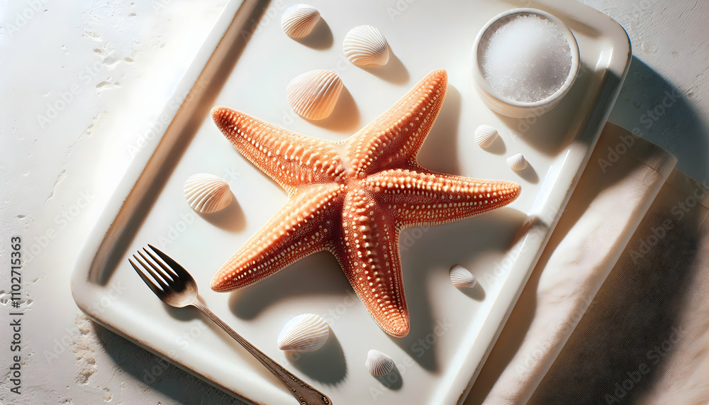 Underwater A playful starfish positioned on a smooth white surface ...