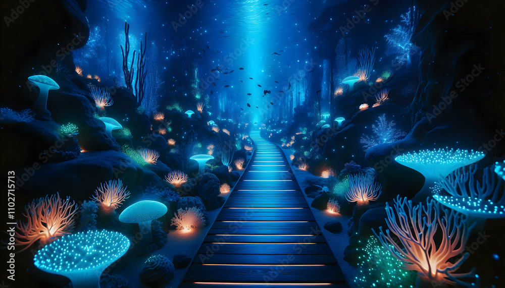 Underwater A glowing undersea pathway lined with coral lights and ...