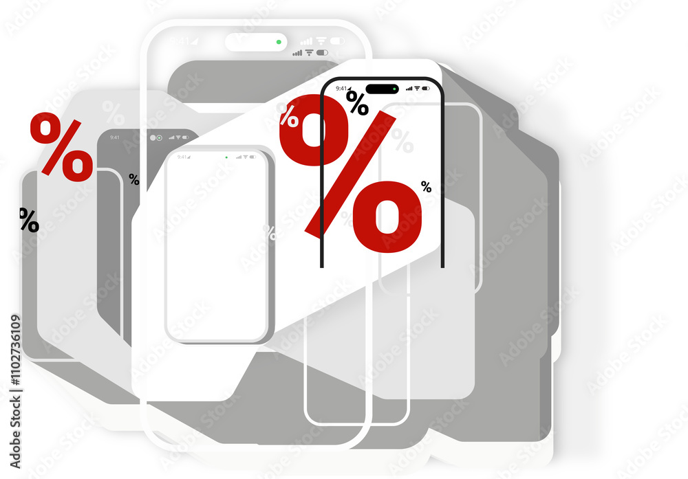 phone smartphone silhouette and percentage symbols in red and dark ...