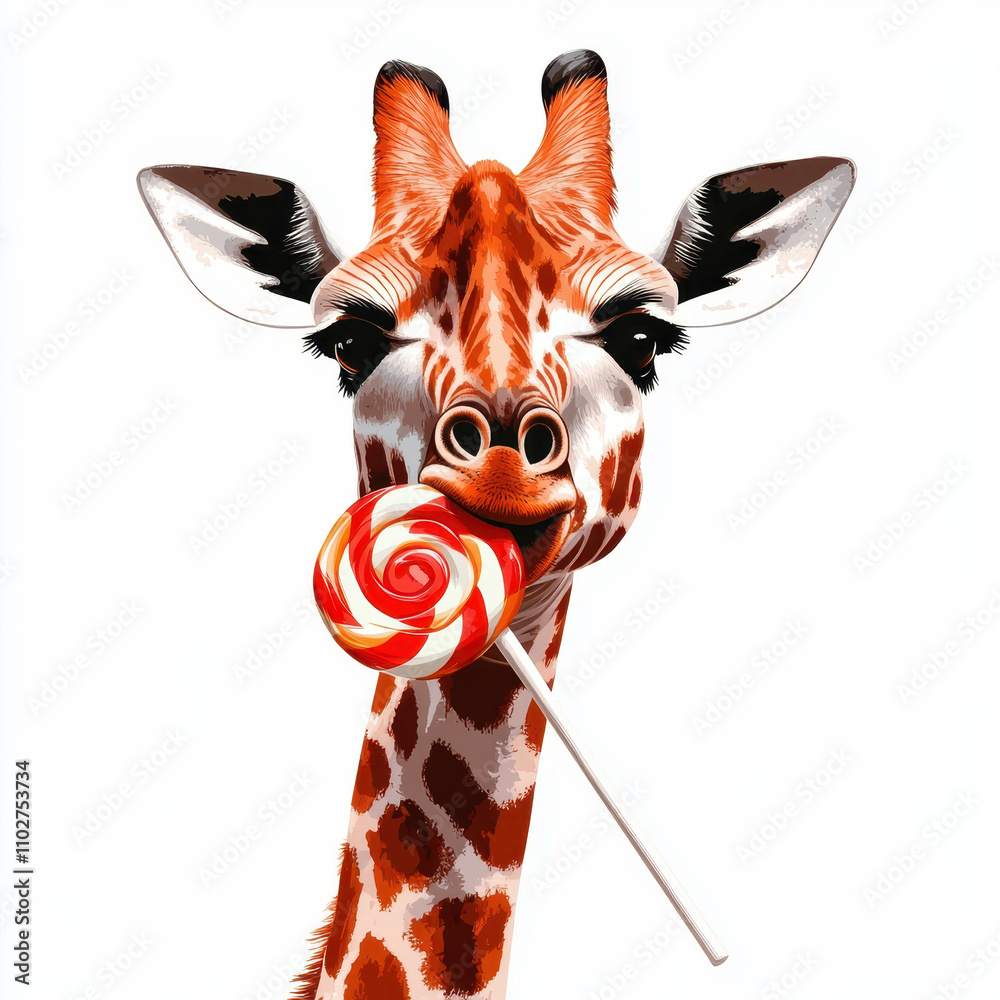 cartoon giraffe happily licking colorful lollipop, showcasing its ...