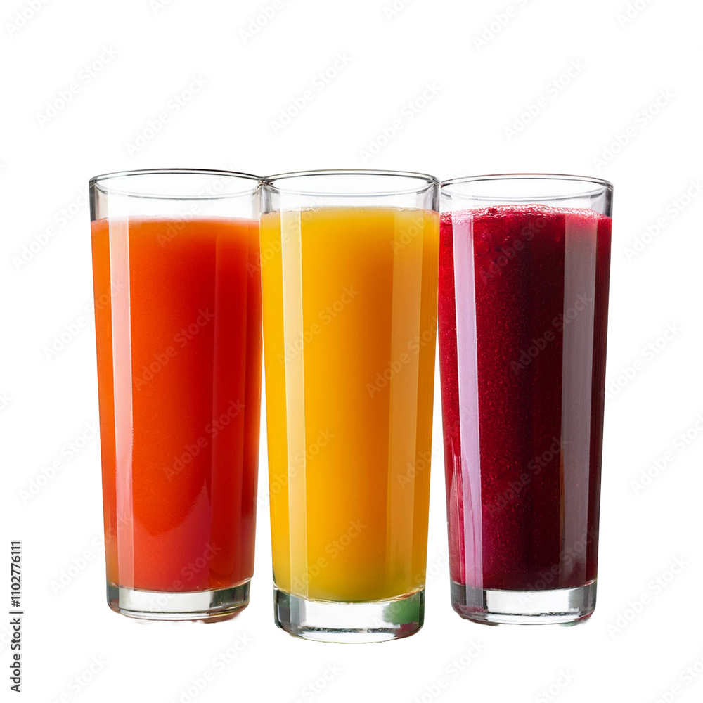 Vasos altos con jugos naturales en un fondo transparente, bebidas ...