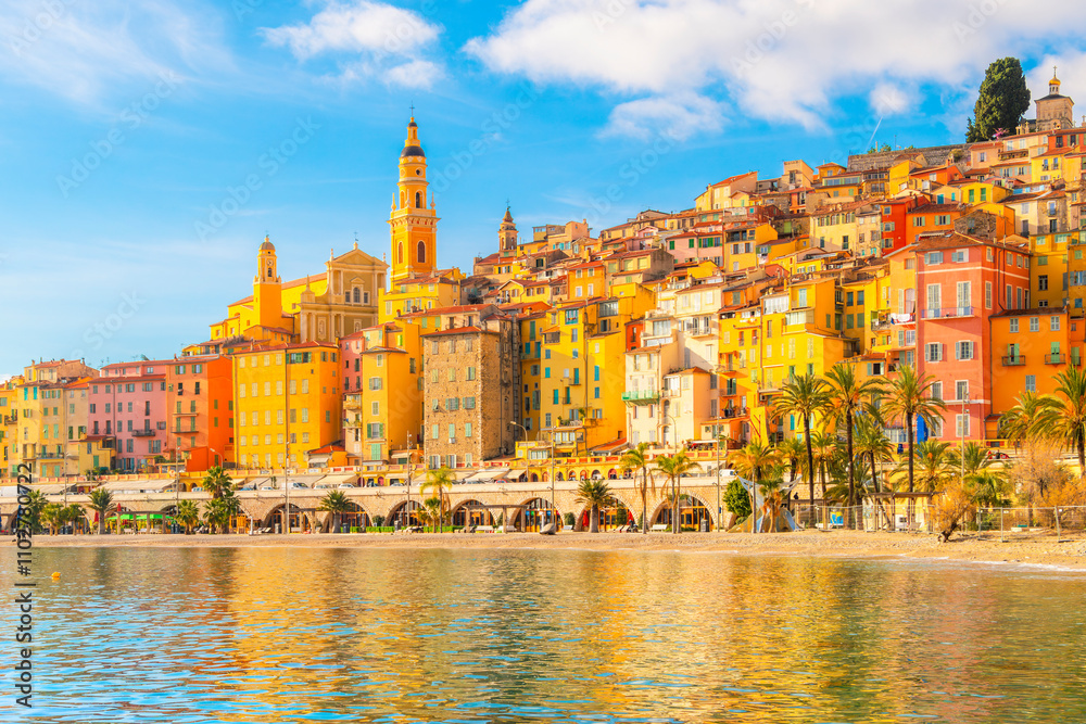 Townscape of the picturesque and colorful old town and Les Sablettes ...