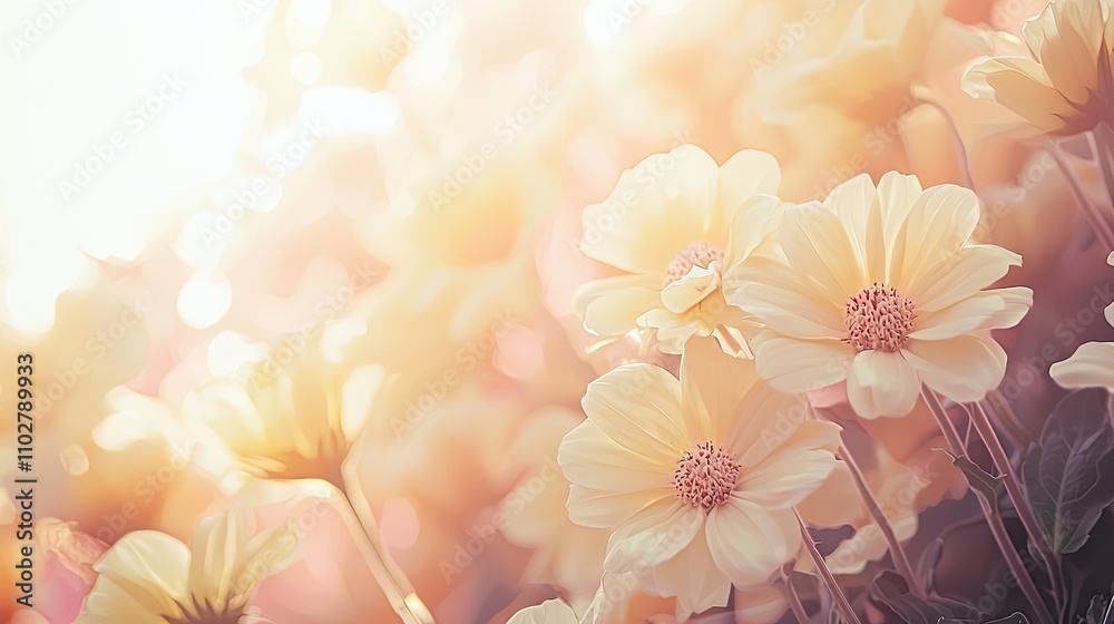 pale yellow flowers bathed in the sun, background pink gradual change ...