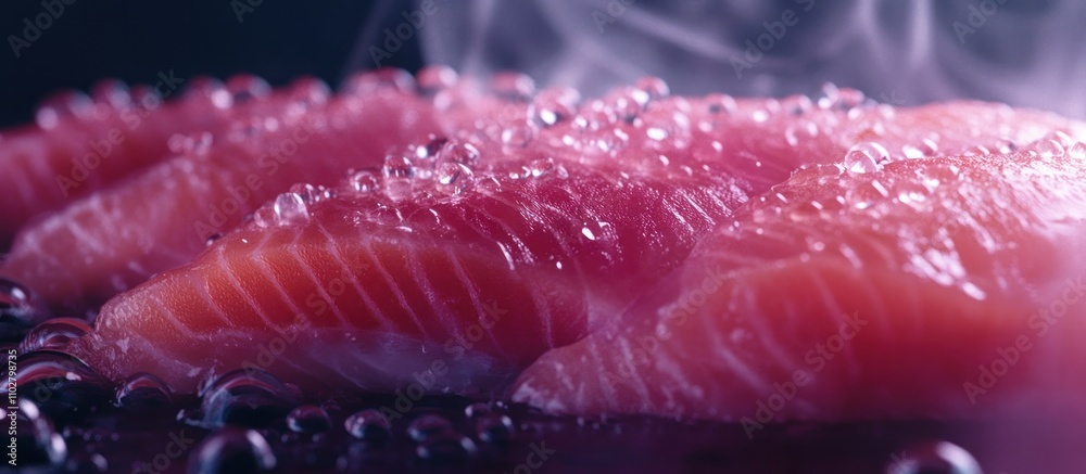 Bright pink salmon fillet close-up, water droplets and cold steam ...