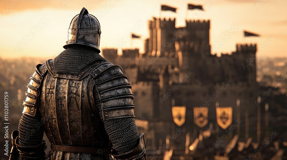 Knight in armor gazing at castle under sunset sky, dramatic scene ...