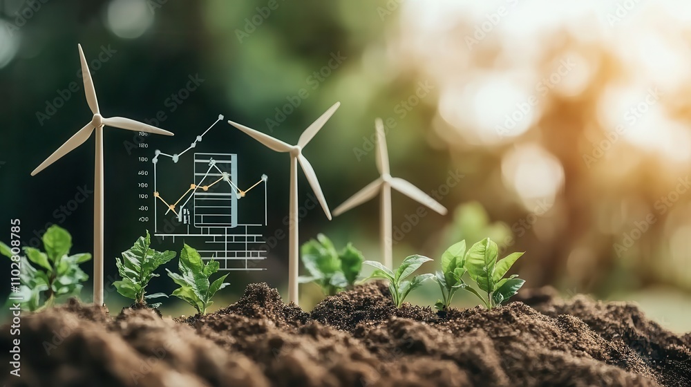 Solar panels and wind turbines overlayed with portfolio charts ...