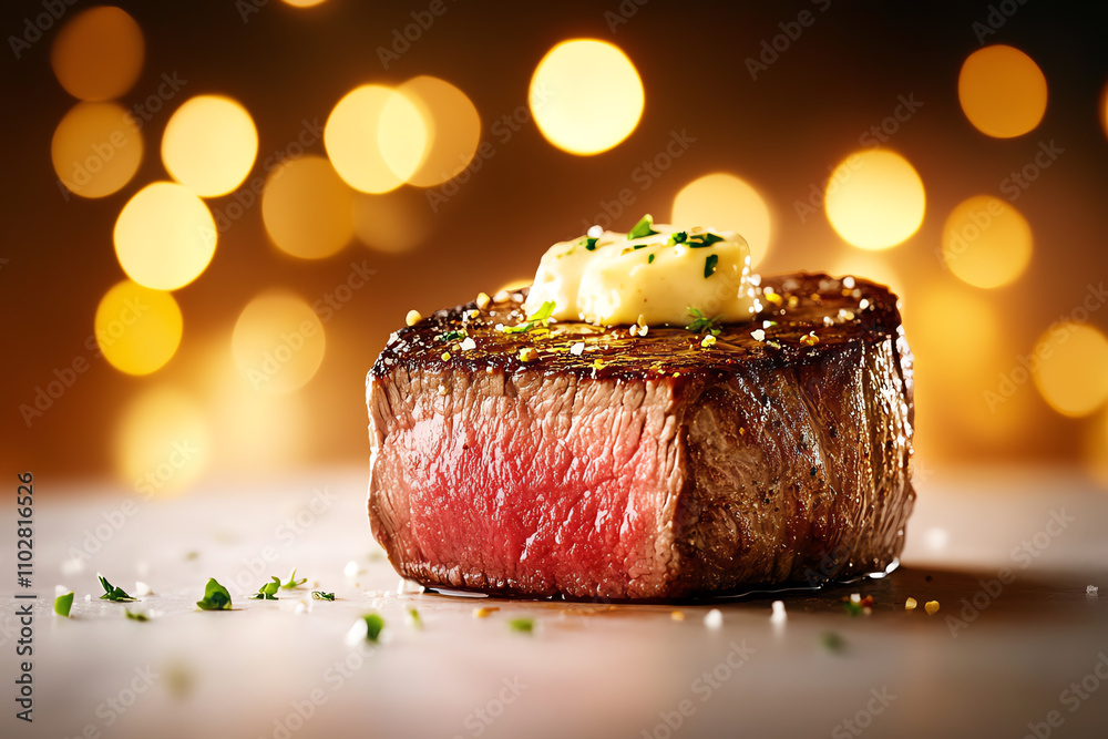 Elegant medium rare steak topped with garlic butter, goldaccented ...