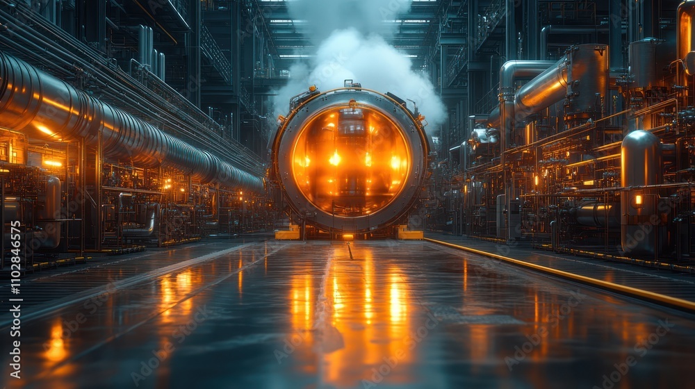 Hyper-detailed image of a factory producing geothermal power generators ...