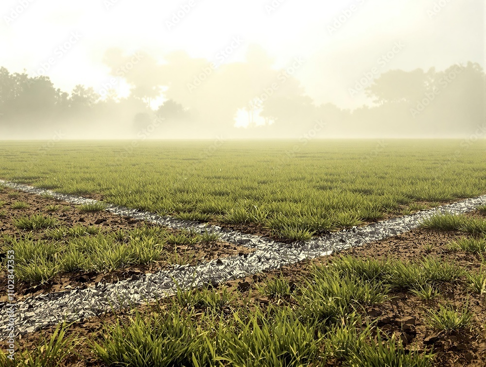 Faded green grass with brown dirt patches on a worn football field ...