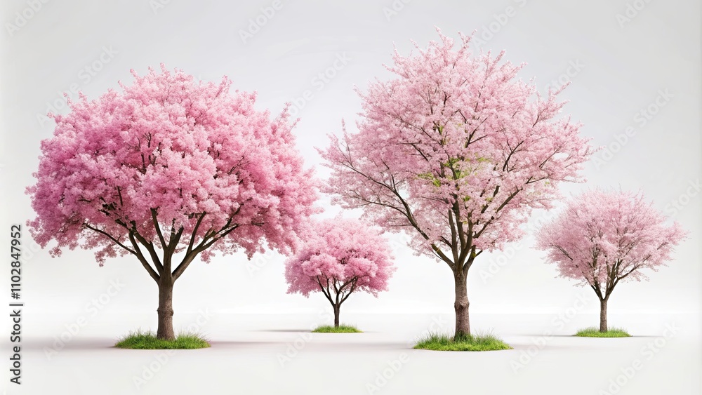 Row of four Sakura trees in various sizes and stages of bloom ...