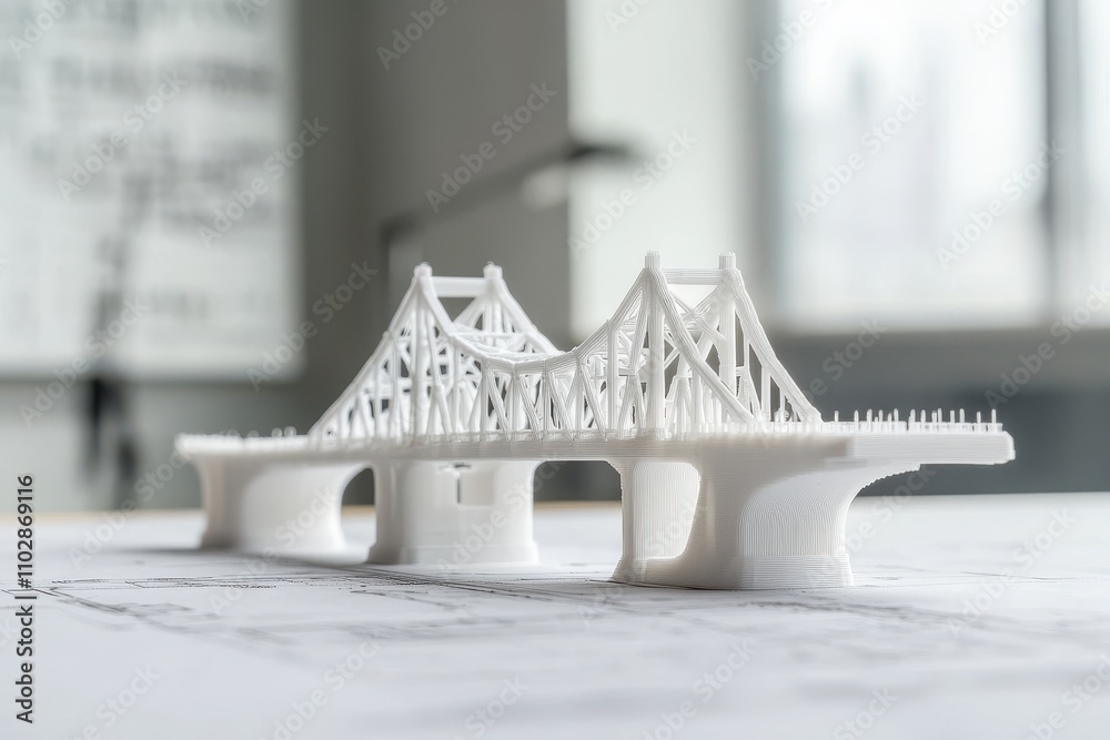 Architectural model detailed bridge structure, white 3D printed ...