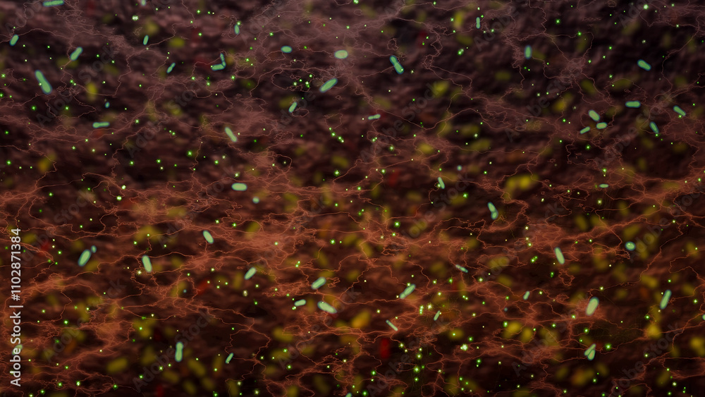 Soil microbiome. Bacteria, microbes in soil. Many micro-organisms in ...