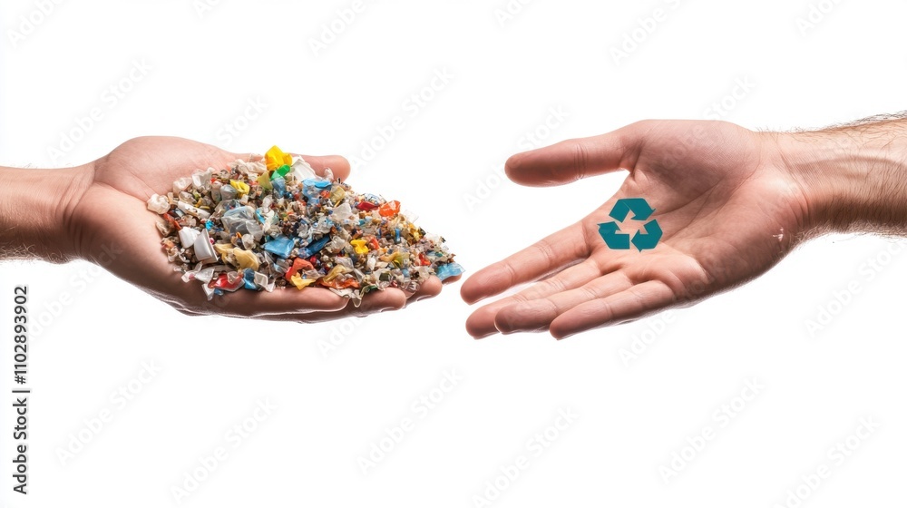 Hands exchanging plastic waste for recycling symbol: promoting ...