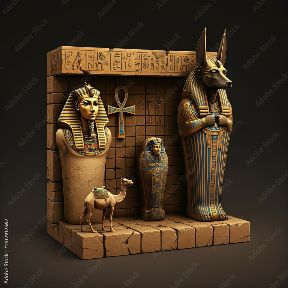 Miniature diorama of ancient Egyptian figures with a camel and ...