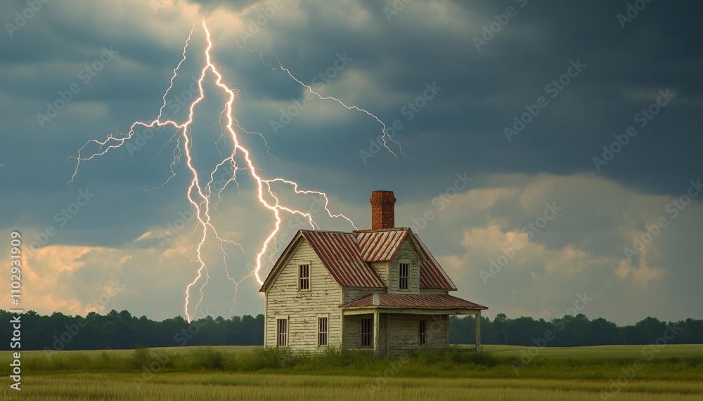AI generator image of heavy lightning hitting a farm house during ...