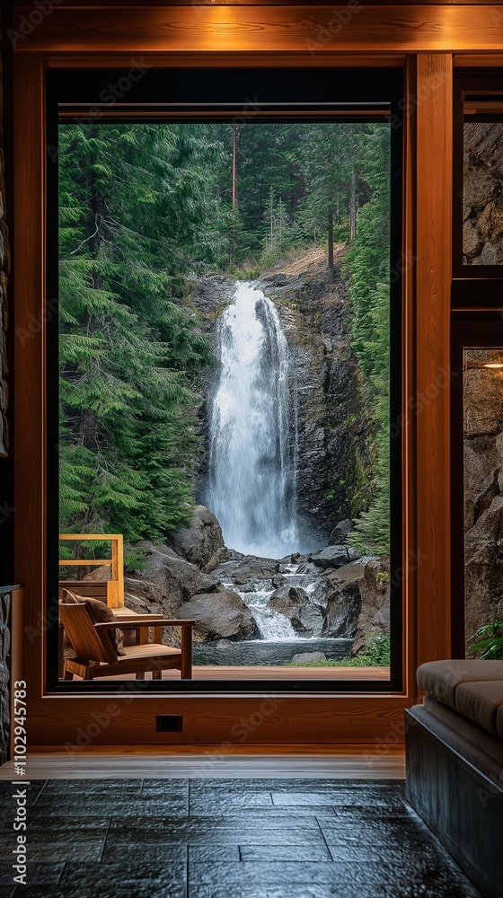 ai generated image of inside a house looking out at waterfall cascading ...