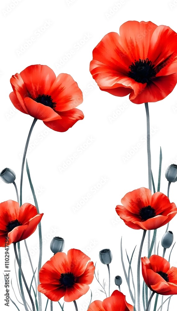 poppy themed frame or border for photos and text. With vibrant red ...