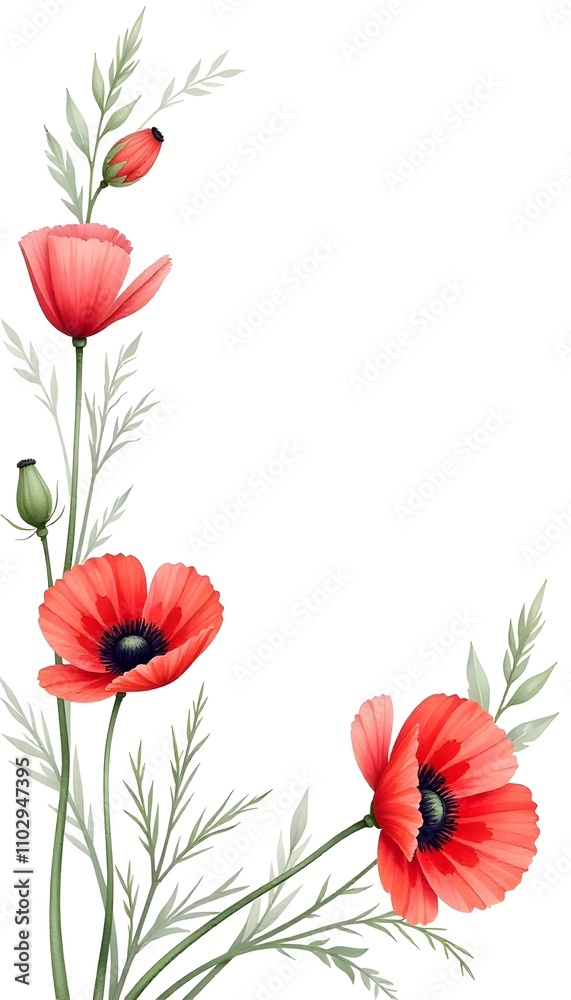 poppy themed frame or border for photos and text. With vibrant red ...
