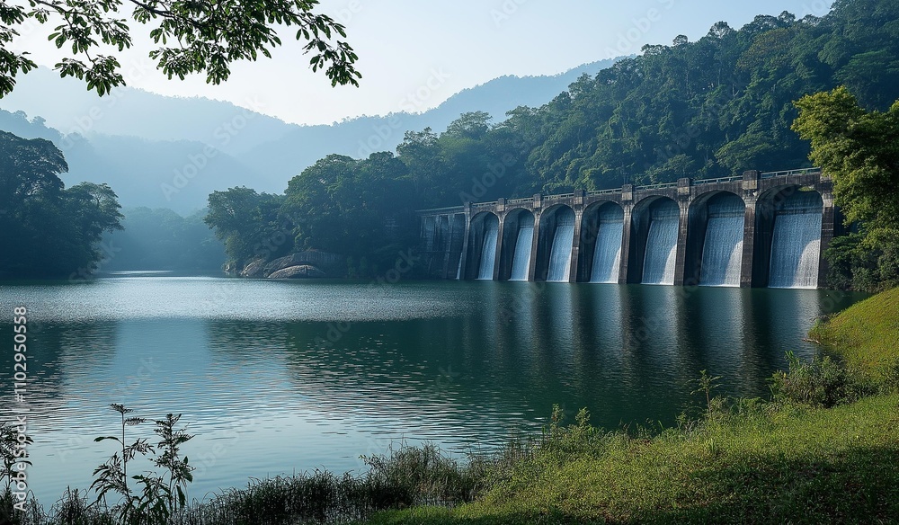 AI generator image of dam, reservoir, spillway,Serene lake, dam with ...