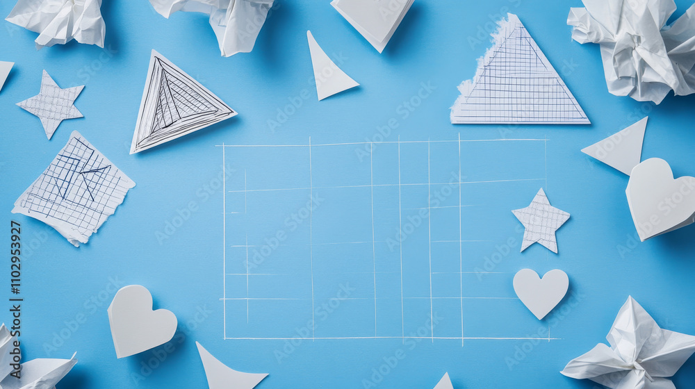 Blue background with torn paper scraps. There are drawings of pyramids ...