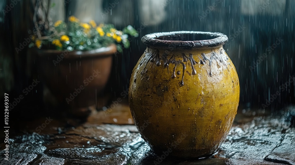 Traditional clay jar collecting rainwater with a potted plant in a ...