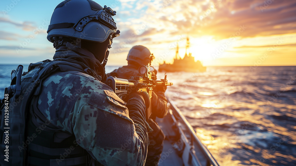 Special operations forces navigate maritime environment at sunset ...