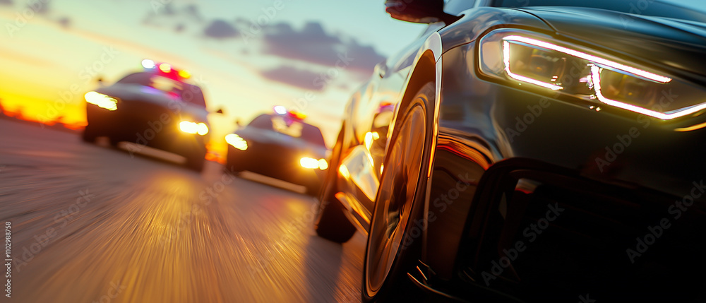 high speed chase at sunset with police cars pursuing vehicle on highway ...