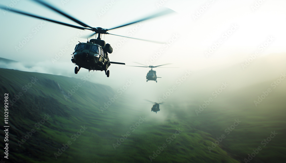 Military helicopters fly in formation over misty landscape, showcasing ...