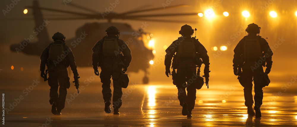 Silhouetted soldiers in tactical gear run towards helicopter at sunset ...