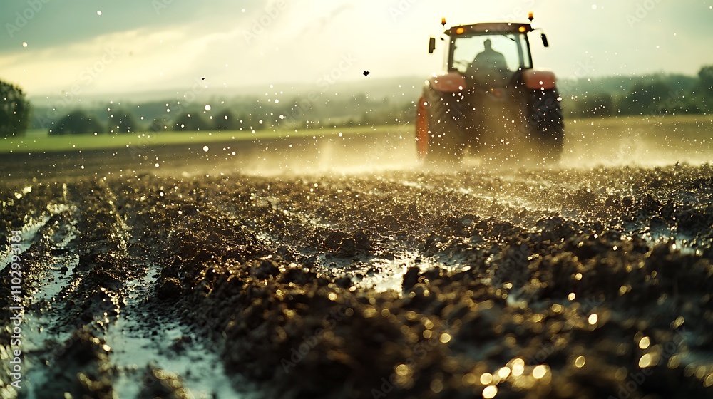 Tractor plowing a freshly irrigated field, water droplets sparkling in ...