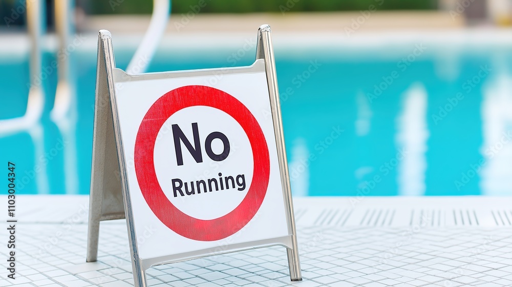 Close-up of a swimming pool warning sign with a red and white "No ...