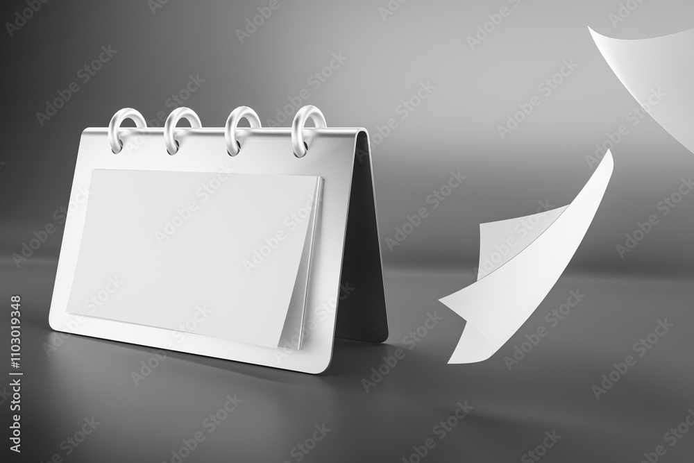 3D white paper desk silver calendar with flipping page flying. Isolated ...