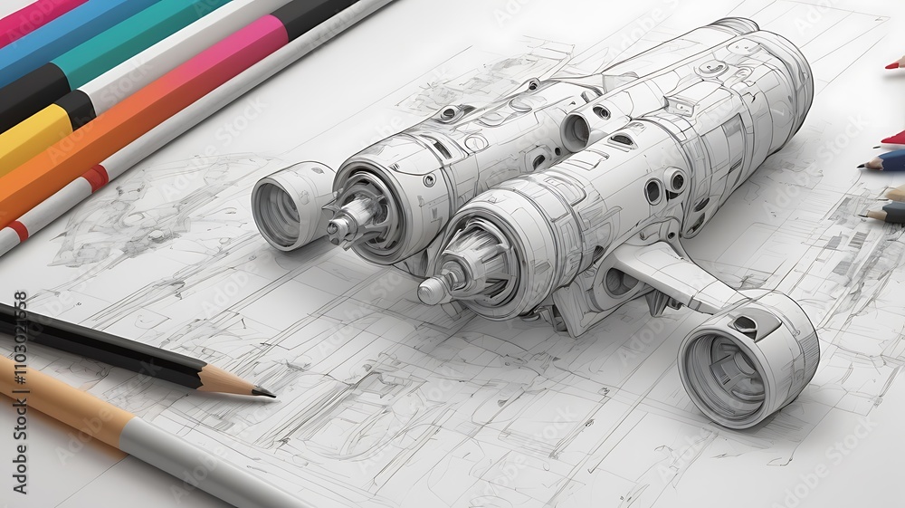 3d model of a jet engine on a blueprints with pencils Stock Photo ...