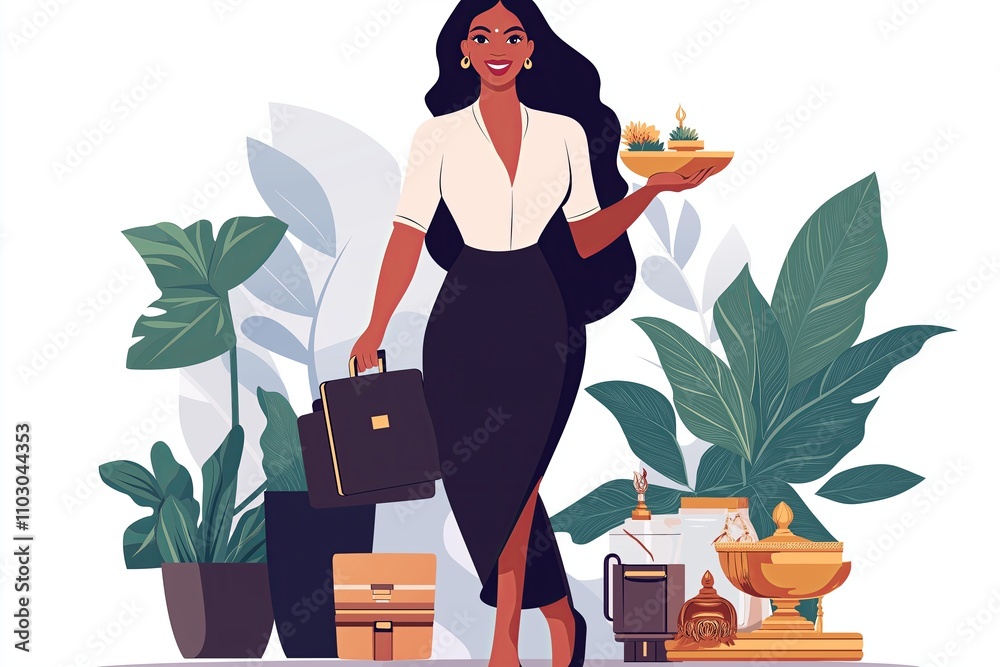 Minimalist representation of a woman balancing work and tradition ...