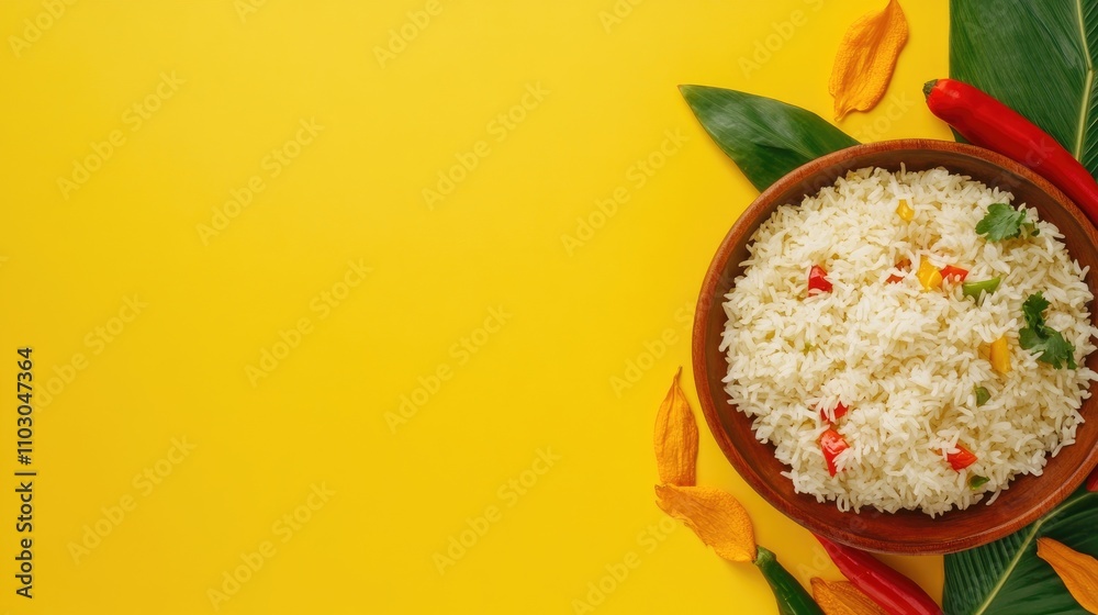 Vibrant Onam sadhya rice dish in a brown bowl adorned with colorful ...