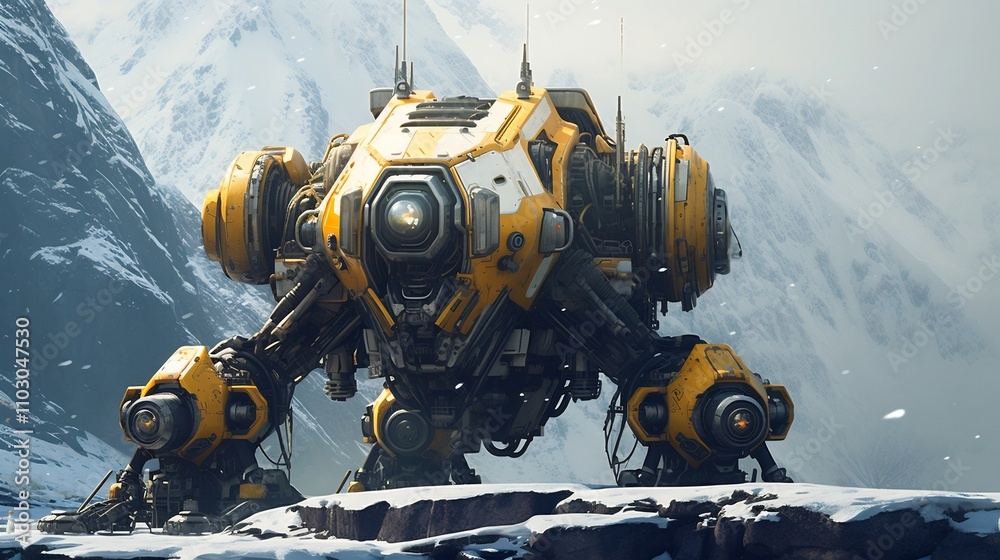 A massive dormant robot lies in a snowy mountain valley its towering ...