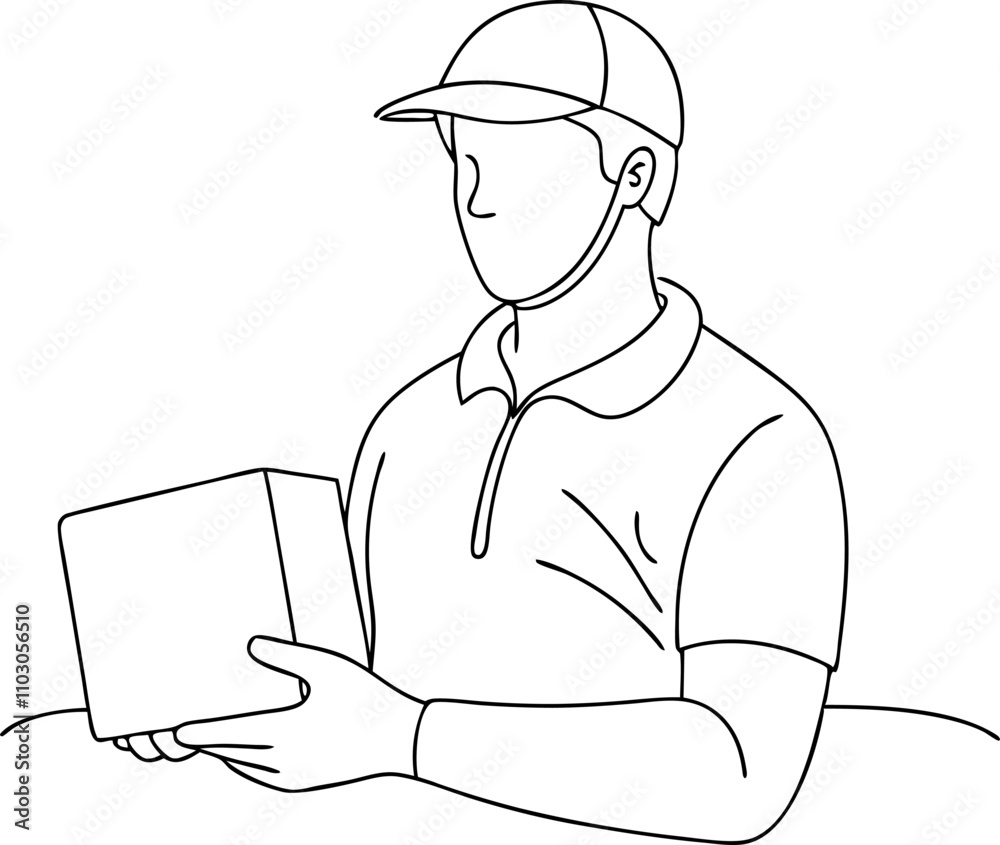 line drawing of delivery person holding parcel, line art vector ...