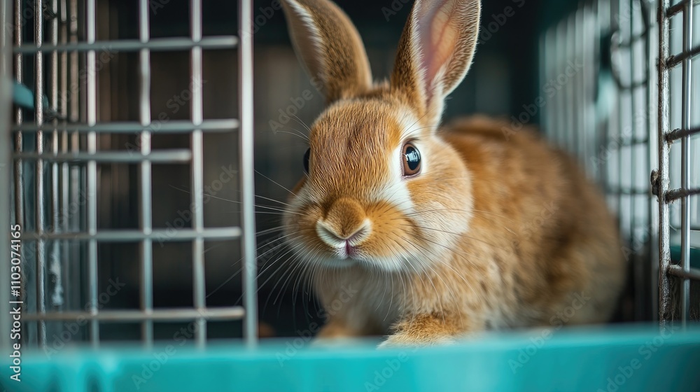 Domestic rabbit peeking out from a secure transport cage, ready for a ...