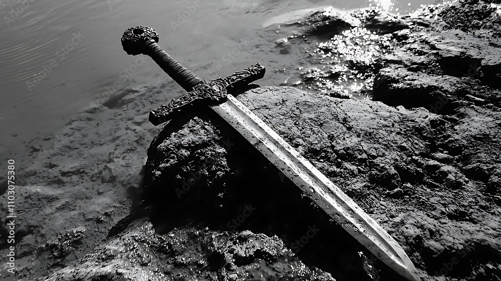A weathered sword thrust into rugged, barren soil, captured in dramatic ...
