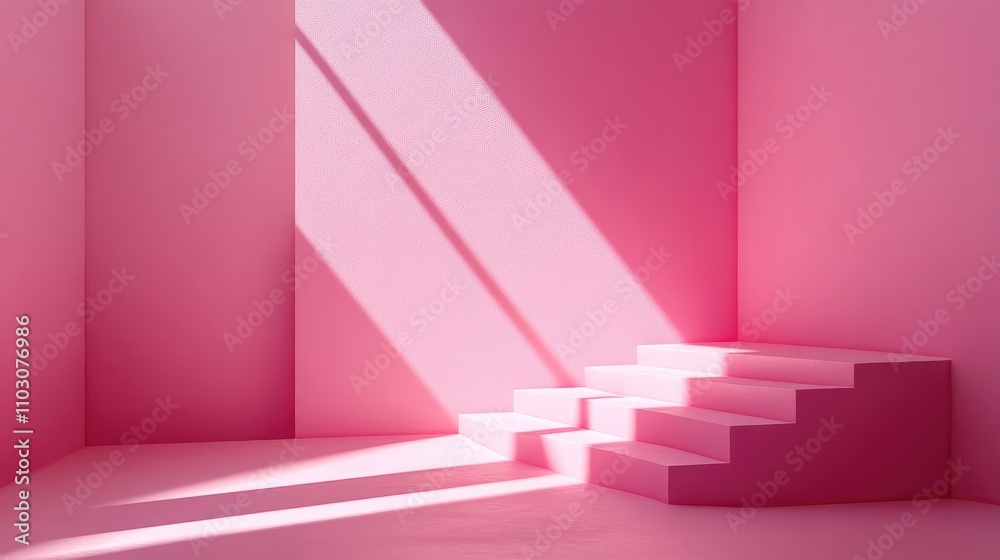 Soft pink interior with a minimalist backdrop featuring steps and ...