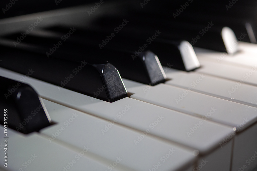 Jazz Piano Keys. Close-up of piano keys, focused on one note, with ...